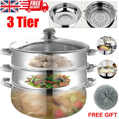 3 Tier Stainless Steel Steam Cooker & Pot - 28cm Diameter