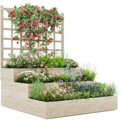 3-Tier Wooden Open Base Garden Planter Bed With Trellis Support