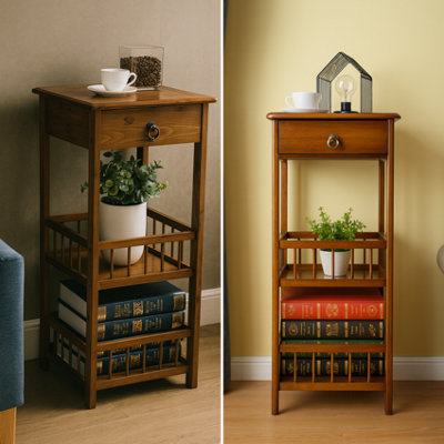 3 Tier Wooden Tall Side Table With Drawer