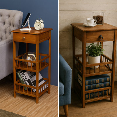 3 Tier Wooden Tall Side Table With Drawer