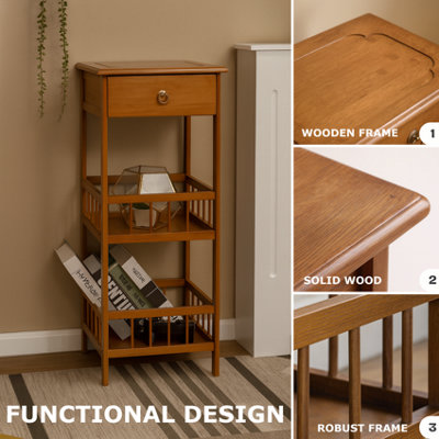 3 Tier Wooden Tall Side Table With Drawer