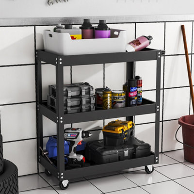 3 Tiers Black Rolling Heavy Duty Metal Tool Trolley Cart Workshop ...