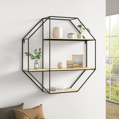 3 Tiers Modern Octagonal Metal and Wood Floating Decorative Wall Shelf ...