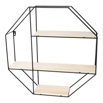 3 Tiers Modern Octagonal Metal and Wood Floating Decorative Wall Shelf ...