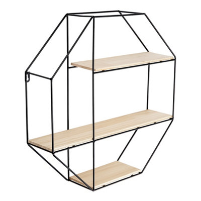 3 Tiers Modern Octagonal Metal and Wood Floating Decorative Wall Shelf ...
