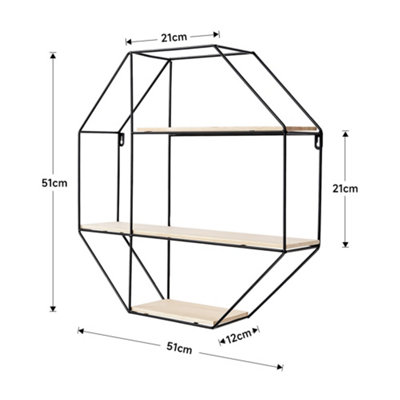 3 Tiers Modern Octagonal Metal and Wood Floating Decorative Wall Shelf ...