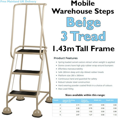 3 Tread Beige Mobile Warehouse Steps - Portable Safety Ladder with Wheels