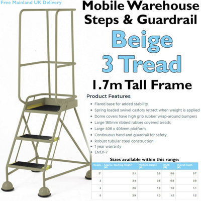 3 Tread Beige Mobile Warehouse Steps with Guardrail - Portable Safety ...