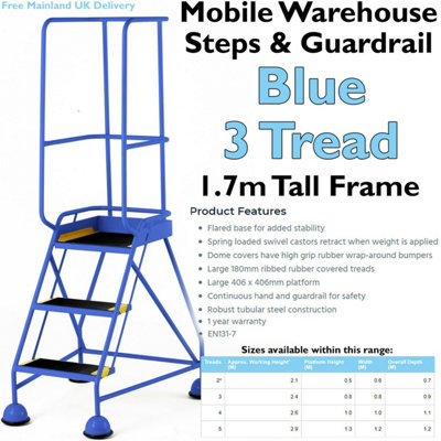 3 Tread Blue Mobile Warehouse Steps with Guardrail - Portable Safety ...