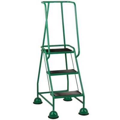 3 Tread Green Mobile Warehouse Steps - Portable Safety Ladder with Wheels