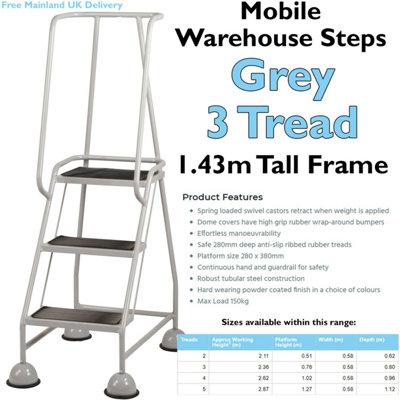 3 Tread Portable Mobile Warehouse Ladder with Wheels - Grey Safety ...