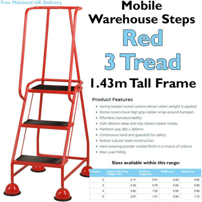 3 Tread Portable Red Mobile Warehouse Steps with Safety Features and Wheels