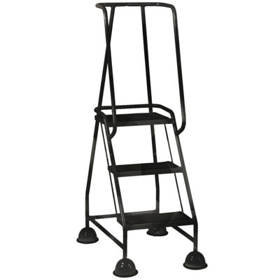 3 Tread Portable Safety Ladder with Wheels - Black Mobile Warehouse Steps