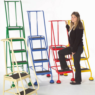 3 Tread Portable Safety Ladder with Wheels - Black Mobile Warehouse Steps