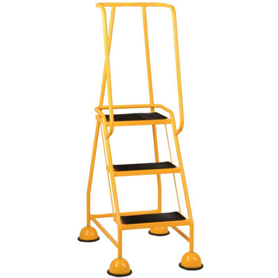 3-Tread Yellow Mobile Warehouse Steps - Portable Safety Ladder with Wheels