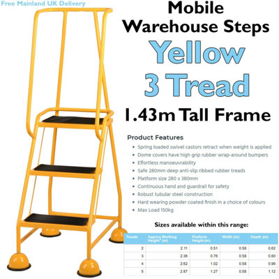 3-Tread Yellow Mobile Warehouse Steps - Portable Safety Ladder with Wheels