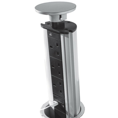 3 Way Gang Pop Up Extension Tower 2x USB Ports Silver Hidden Mains ...