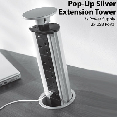 3 Way Gang Pop Up Extension Tower 2x USB Ports Silver Hidden Mains ...