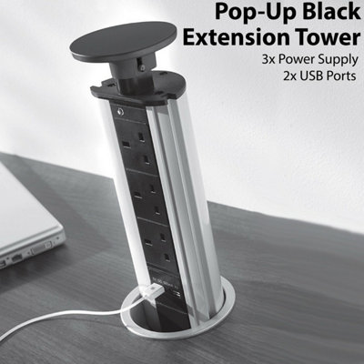 3 Way Gang Pop Up Extension Tower with 2 USB Ports - Sleek Black Mains ...