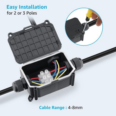 3 Way IP66 Waterproof Cable Connector Junction Box 93 x 55 x 36mm (Black)