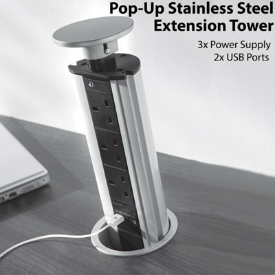 3 Way Pop Up Power Extension Tower with 2 USB Ports - Stylish Steel Socket
