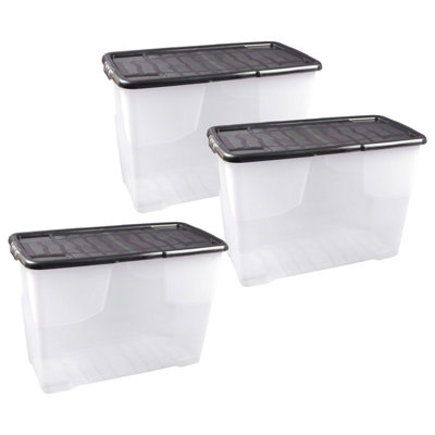 3 x 100 Litre Clear Transparent Base Stackable Curve Plastic Storage ...