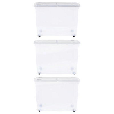 3 x 30L Clear Plastic Stackable Wheeled Storage Containers With Folding ...