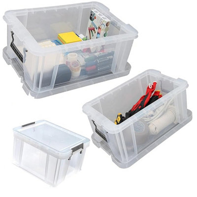 3 x 36 Litre Multipurpose Strong Reinforced Clear Snap Closure Storage ...