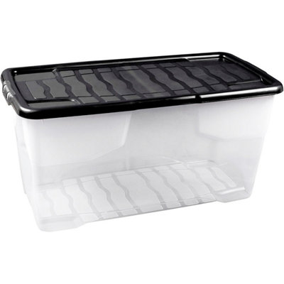 3 x 42L Clear Plastic Curve Storage Container With Black Lid Ideal For ...