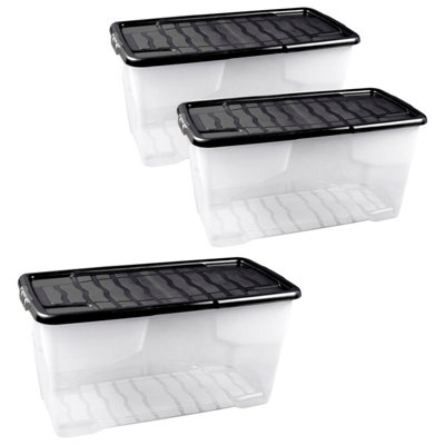 3 x 42L Clear Plastic Curve Storage Container With Black Lid Ideal For ...