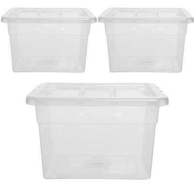 3 x Clear Plastic Stackable Transparent Storage Boxes 22 Litre Complete ...