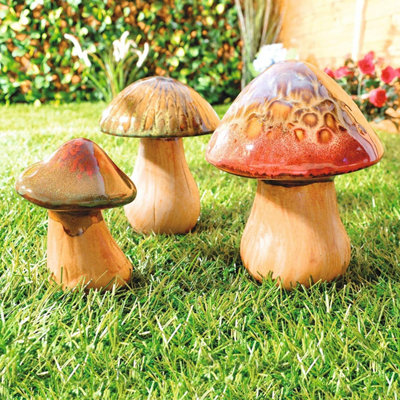 3 x Decorative Toadstool Ornaments - Indoor Outdoor Hand Finished ...
