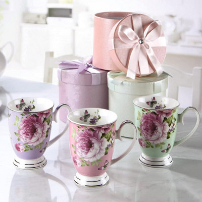 3 x Fine China Flower Design Mugs - Multicoloured Footed Tea Coffee Mug ...