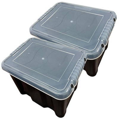 3 x Large Black Plastic 24 Litre Storage Box With See Through Lids For ...