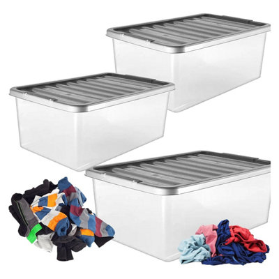 3 x Underbed Storage Containers 32 Litre Clear Boxes With Silver Lids
