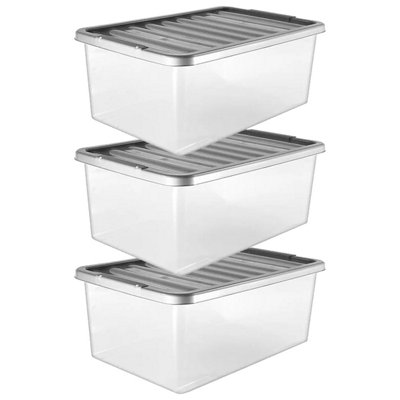 3 x Underbed Storage Containers 32 Litre Clear Boxes With Silver Lids