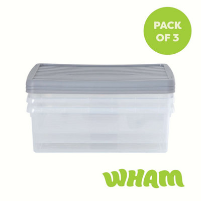 3 x Wham Box 23.5L Stackable Plastic Storage Box & Lid Clear/Steel
