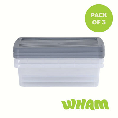 3 x Wham Box 8L Stackable Plastic Storage Box & Lid Clear/Steel