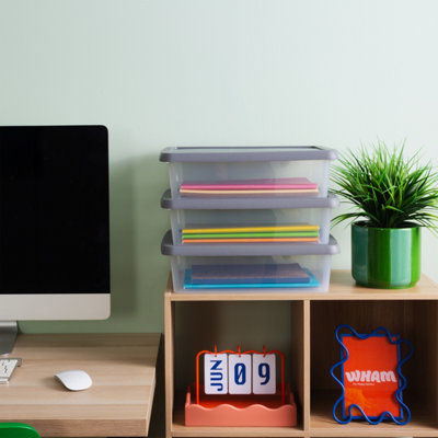 3 x Wham Box 8L Stackable Plastic Storage Box & Lid Clear/Steel