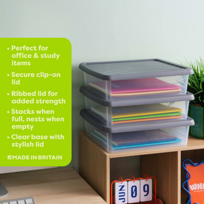 3 x Wham Box 8L Stackable Plastic Storage Box & Lid Clear/Steel