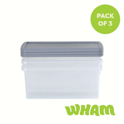 3 x Wham Box 9L Stackable Plastic Storage Box & Lid Clear/Steel