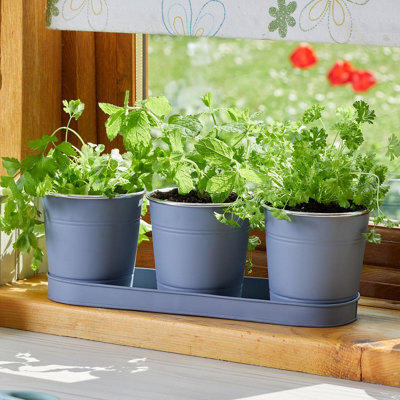3 x Windowsill Herb Pots Powder Coated Metal Mini Plant Pots with Drainage Holes Tray H10 x W35 x D11.5cm Slate Grey