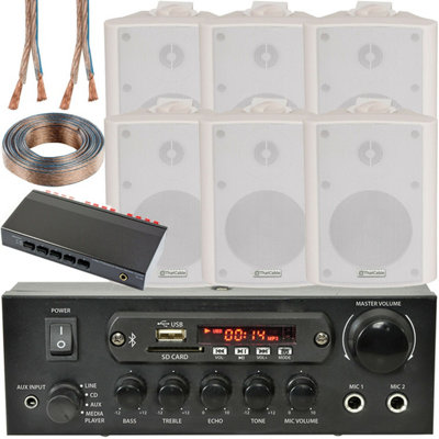 3 Zone Bluetooth Speaker Kit 6x 70W White Wall Mounted Home Bar Stereo ...