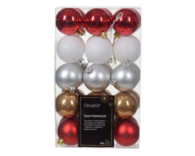 30 Assorted Christmas Baubles Red White Silver Butterscotch Mix 60mm
