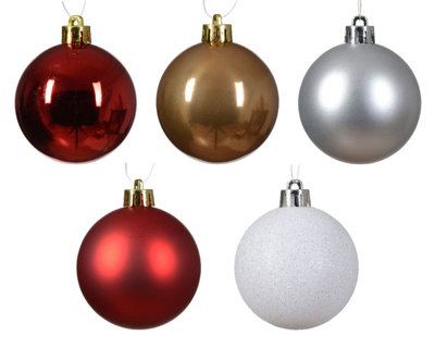 30 Assorted Christmas Baubles Red White Silver Butterscotch Mix 60mm