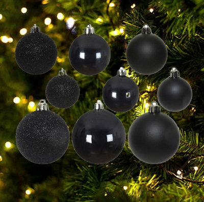 30 Black Christmas Baubles Shatterproof Tree Ornaments Decorations ...