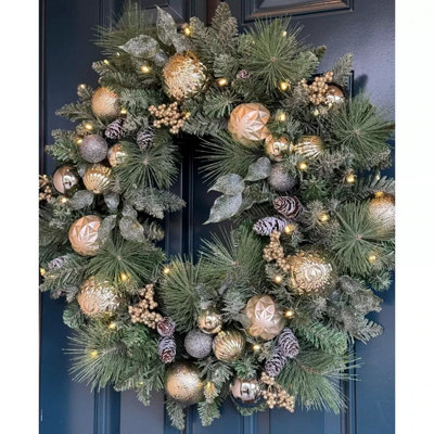 30 inch (76cm) Pre-Lit Decorated Wreath with 50 LED Lights in Metallic ...