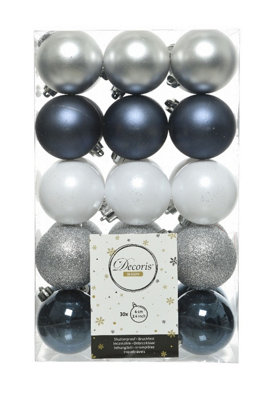 30 Mixed Christmas Tree Baubles Midnight Blue Glitter Silver & White 60mm