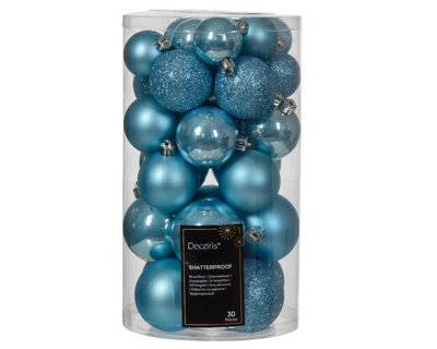 30 Sugar Blue Baubles Assorted Shatterproof Christmas Tree Hanging Decs
