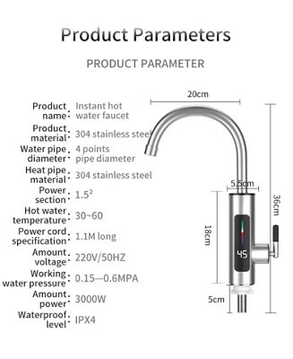 3000W 220V Electric Kitchen Water Heater Tap Instant Hot stainless ...